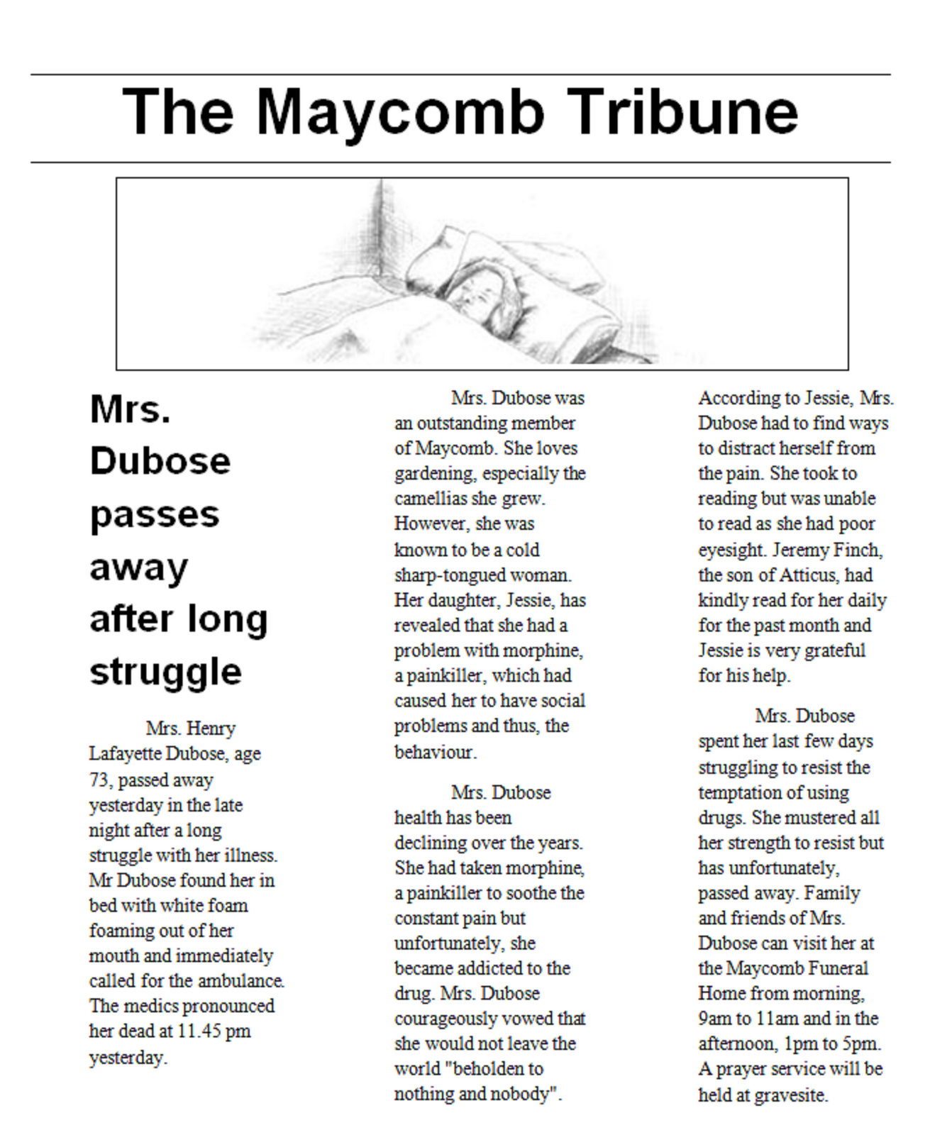 Language Arts Blog: The Maycomb Tribune - Mrs. Dubose demise