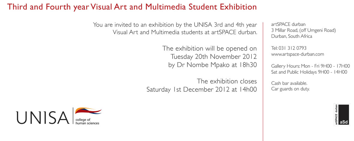 artSPACE durban: 3rd and 4th year UNISA Visual Art and Multimedia ...