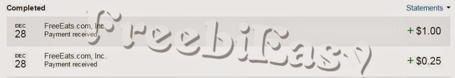 FreebiEasy: FREE-- $1.25 Payment from FreeEats.com
