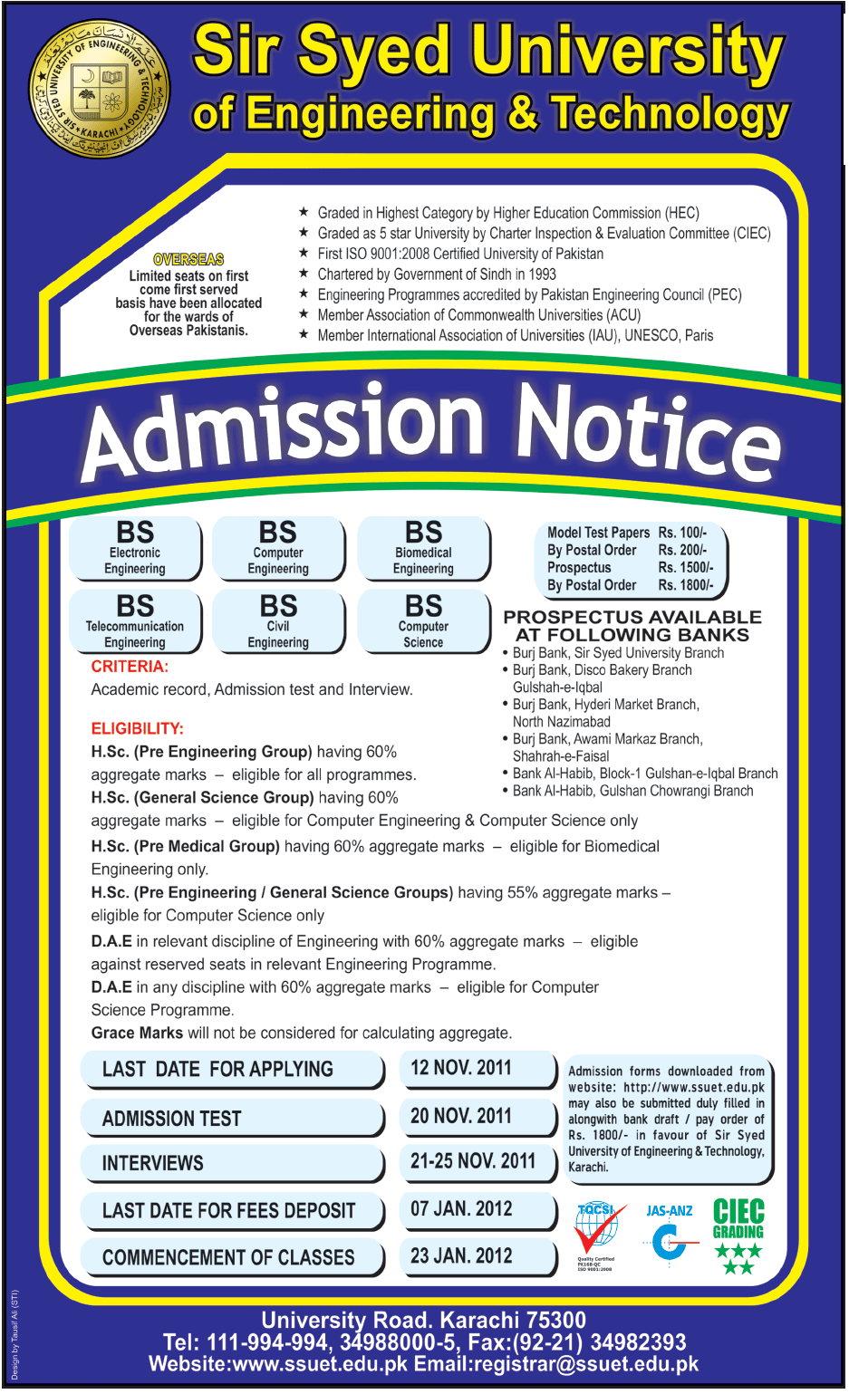 Admission in Pakistan: 19 Sept 2011