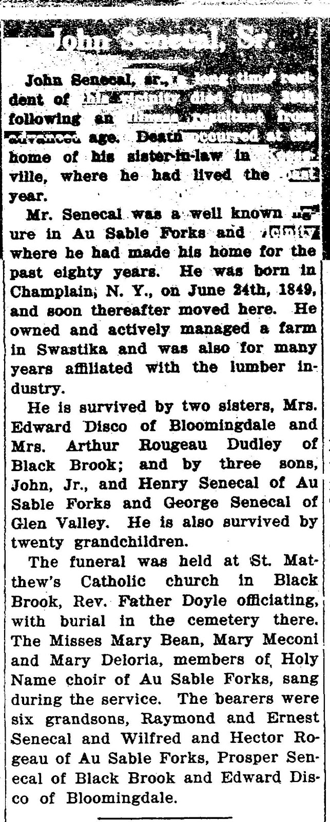 Denise's Genealogy Journey: John Senecal, Sr - Obituary