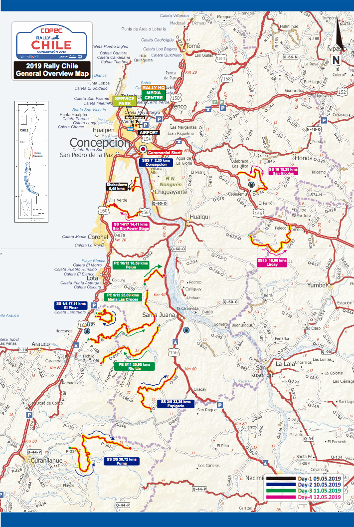 Mapa general de los tramos del 1 COPEC Rally de Chile 2019.