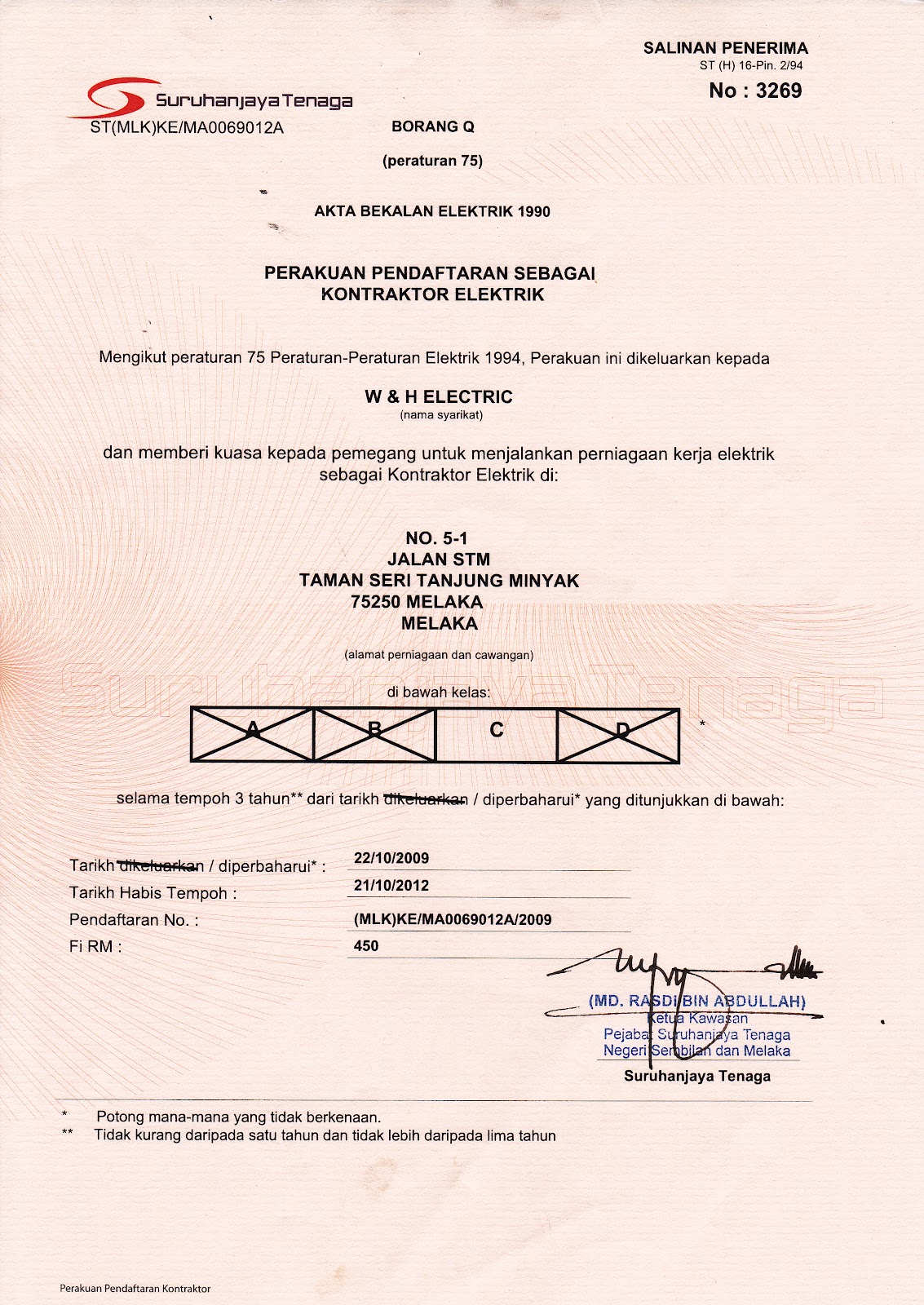 KONTRAKTOR ELEKTRIK: SIJIL PENDAFTARAN W & H ELECTRIC