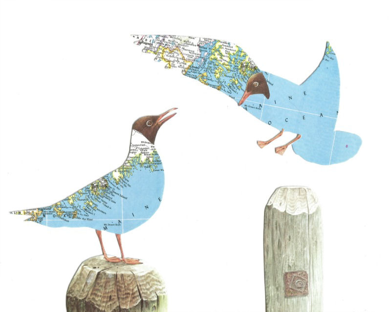 Dadadreams' Original Collage Art: Bird Map Art