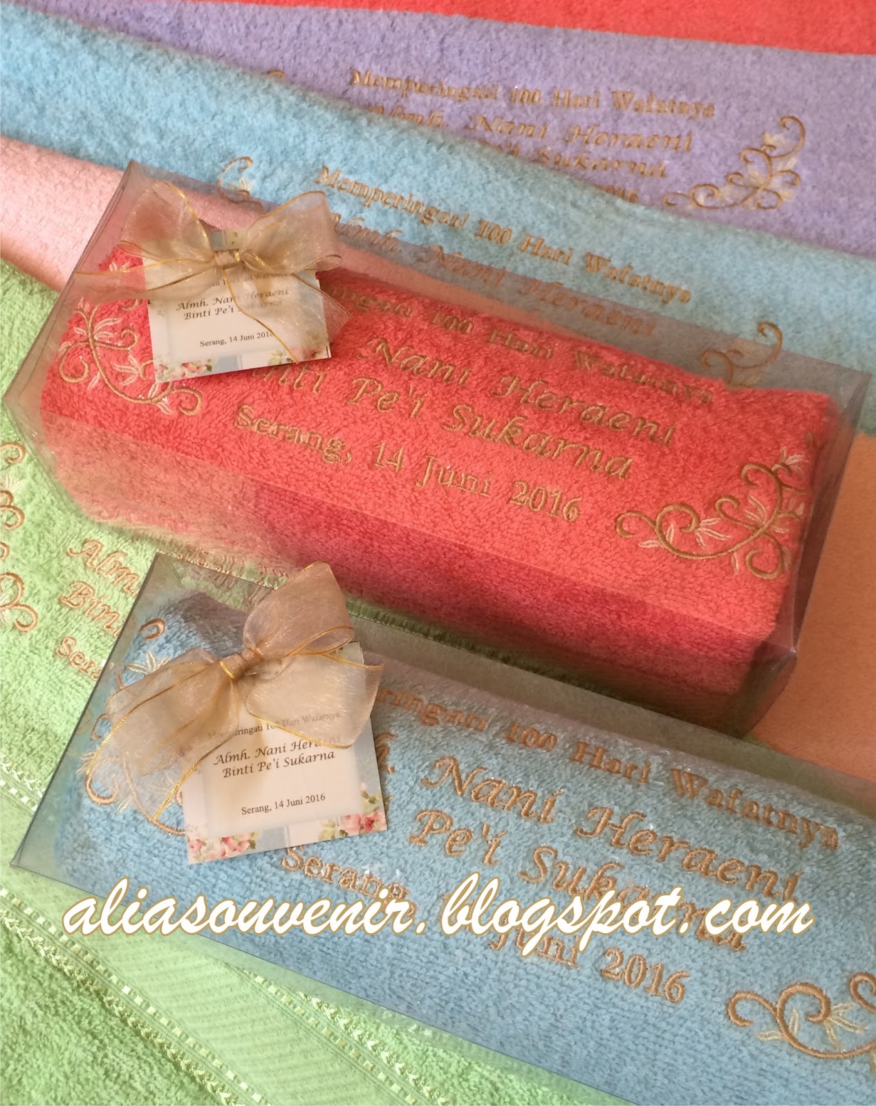 Souvenir Handuk Bordir Ukuran 70x140 kemasan Mika dan Pita Cantik