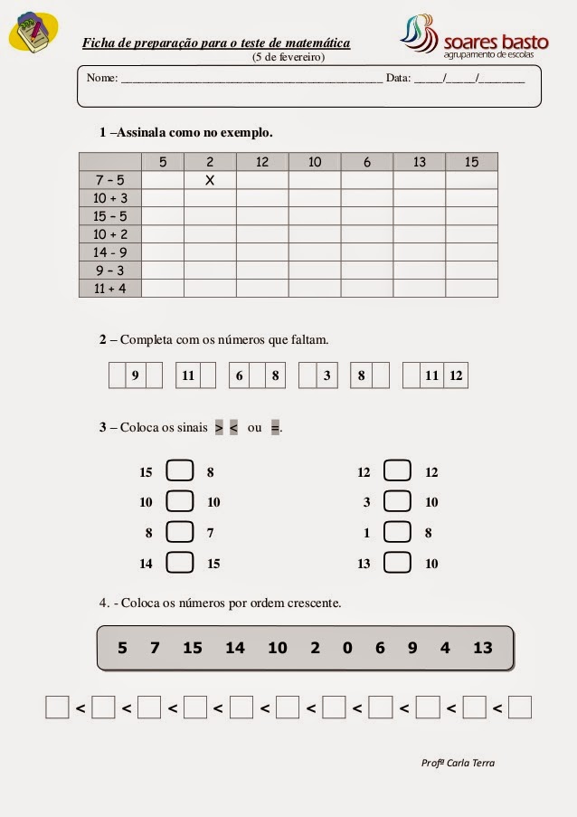 Ficha de Preparação para o Teste de Matemática 1º Ano