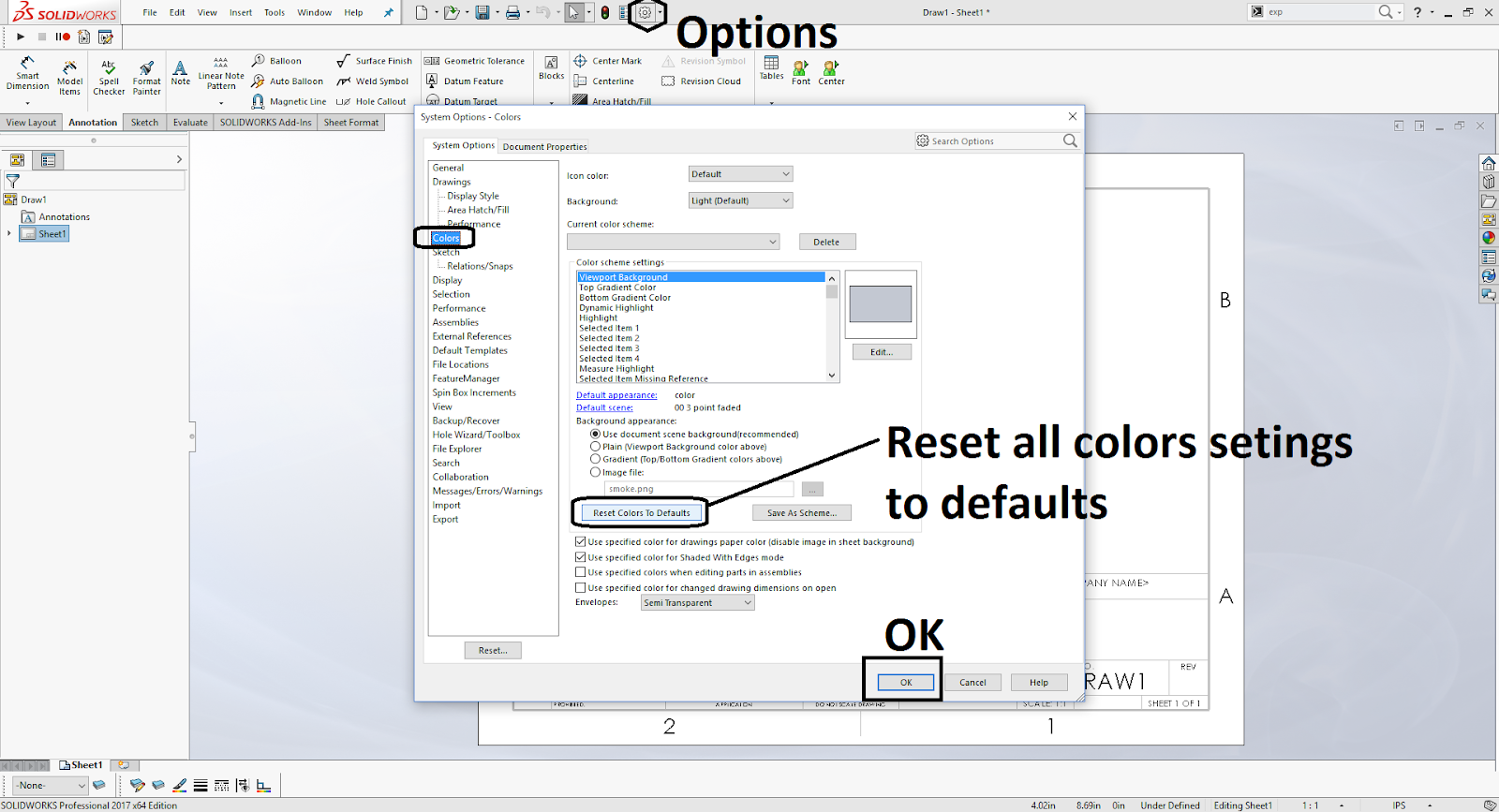 Design Tech Academy: Reset color setting in solidworks drawing
