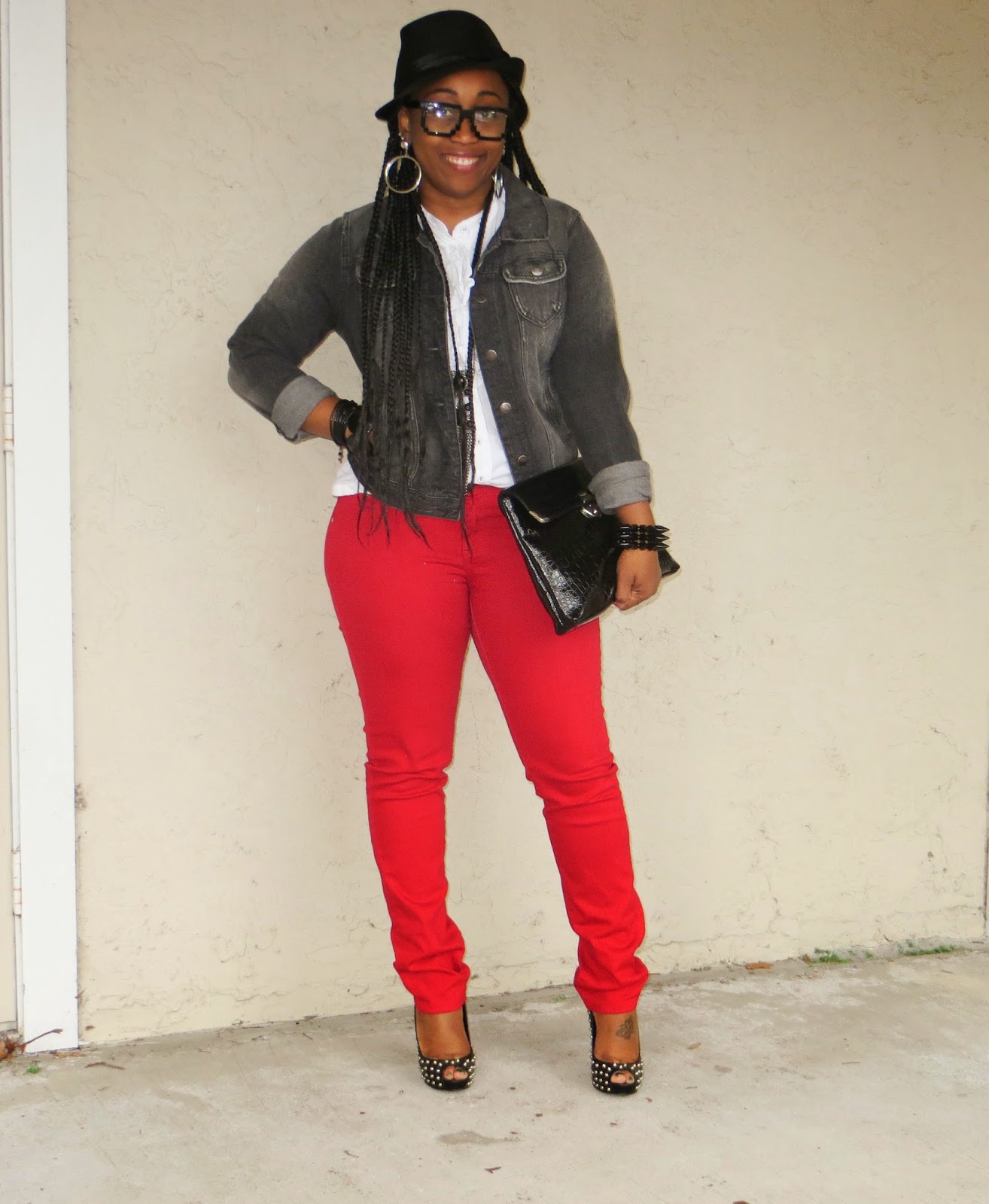 Outfit: Fedora, Ash Jean Jacket, and Red Skinnies