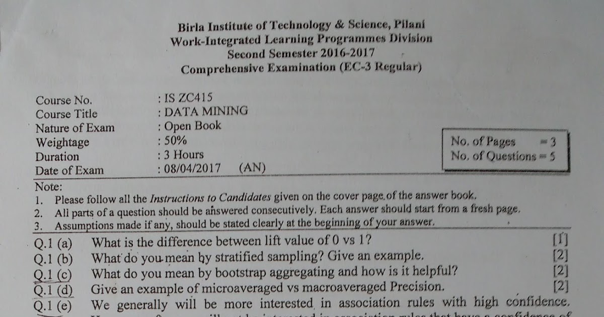 Coding Tech Life: Data Mining IS ZC415 Comprehensive Question Paper - 2017 Regular BITS PILANI ...