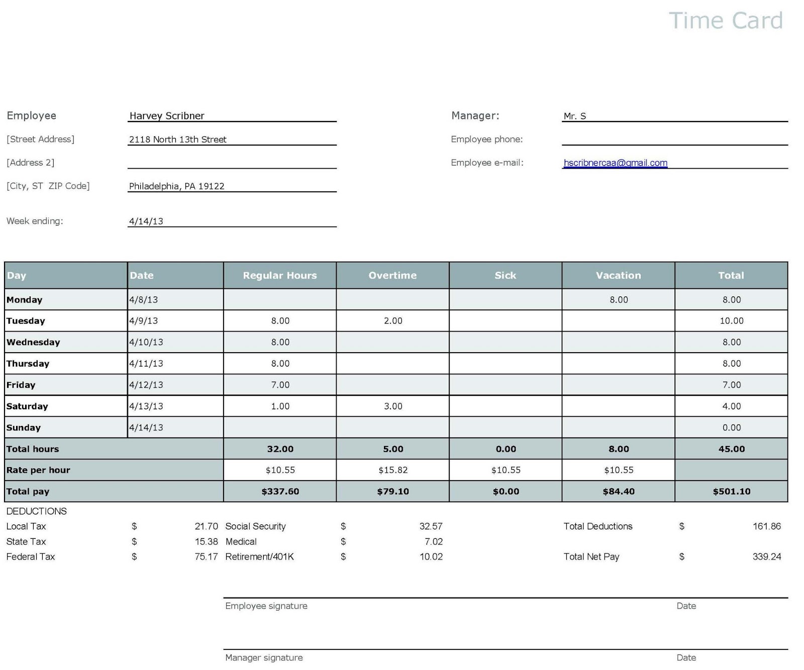 Spreadsheets Day III - Personal Timecard