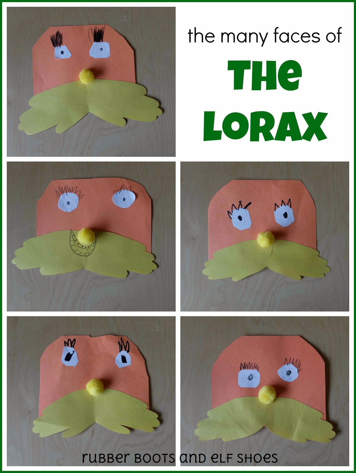 Lorax -- with a handprint mustache - rubber boots and elf shoes