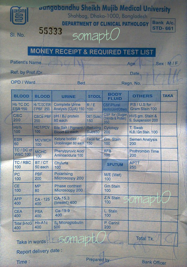 Different Investigations and Tests Fees in BSMMU (PG hospital)
