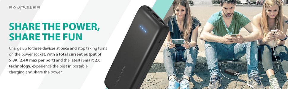 RAVPower Portable Chargers 22000mAh Power Bank 5.8A Output | Smart ...