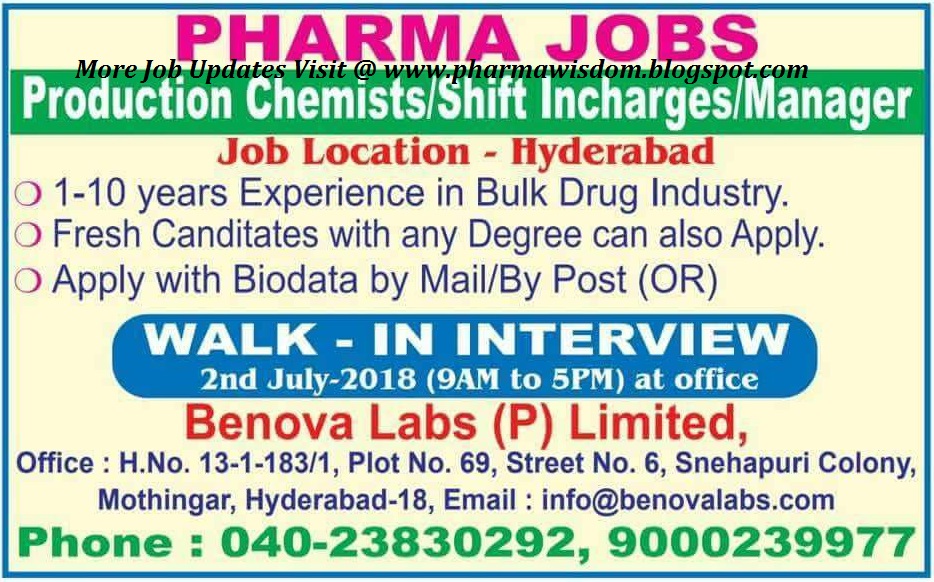 Benova Labs (P) Limited - Walk-In Interview for Freshers & Experienced ...