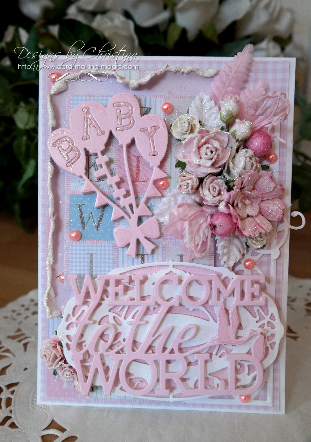 Flowers, Ribbons and Pearls: Baby Card in Pink ...