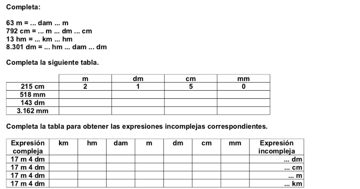 Quinto de la Campiña: TAREA DE FORMA COMPLEJA E INCOMPLEJA EN LAS UNIDADES DE LONGITUD
