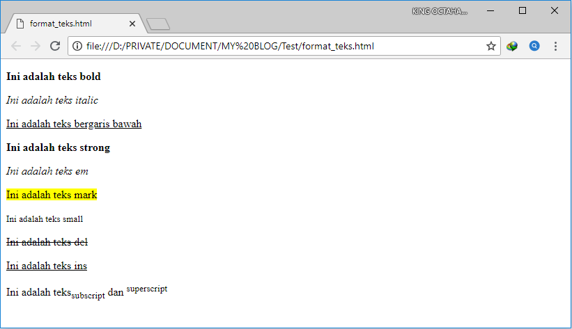 Belajar HTML Part 8 - Jenis-Jenis Format Text di HTML - king-octahasan