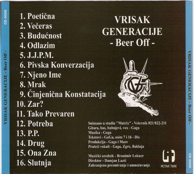 hardcore punk: VRISAK GENERACIJE - Beer Off CD (1997)