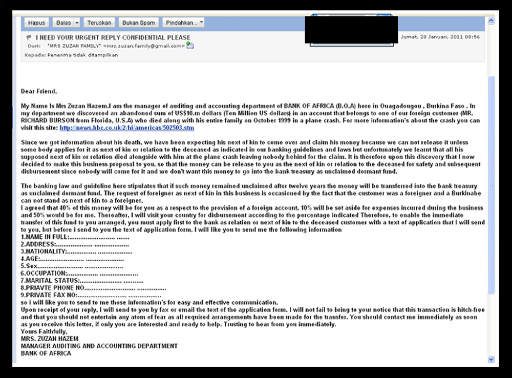 Scam Email: Department of the Bank of AFRICA | Ariez Rockmariez