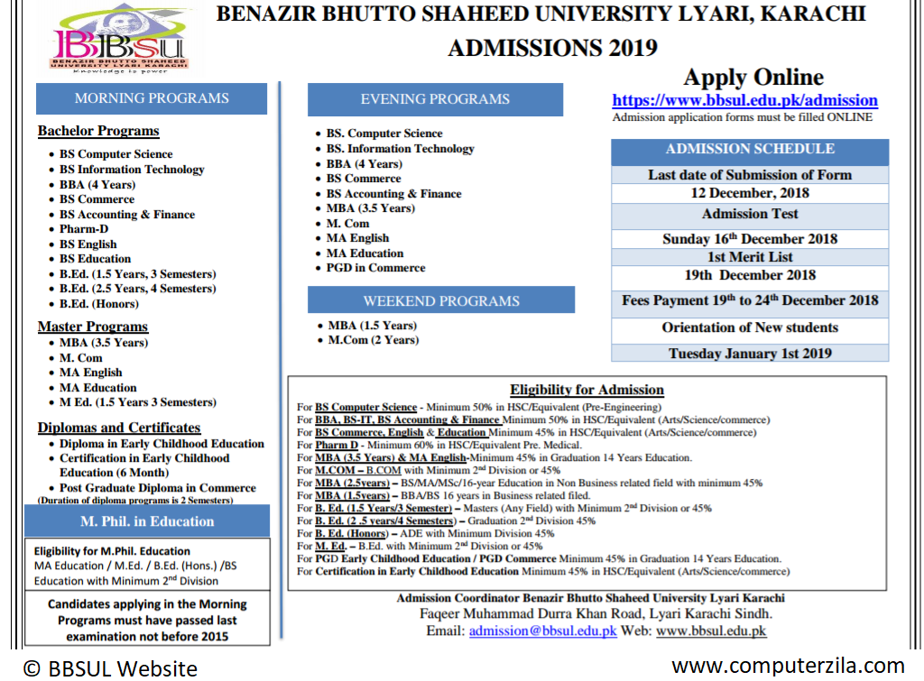 Benazir Bhutto Shaheed University Lyari (BBSUL) Karachi Admissions ...