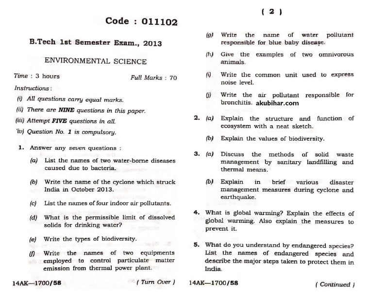 011102 Environmental Science B.Tech 01st Sem AKU 2013 Question Paper ...