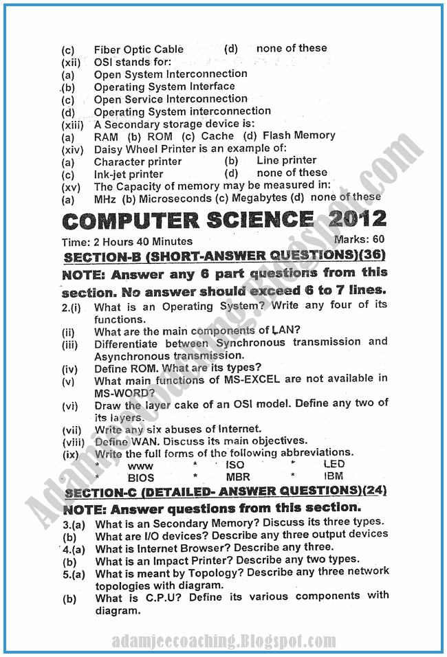 Adamjee Coaching: Computer science 2012 - Past Year Paper - Class XI