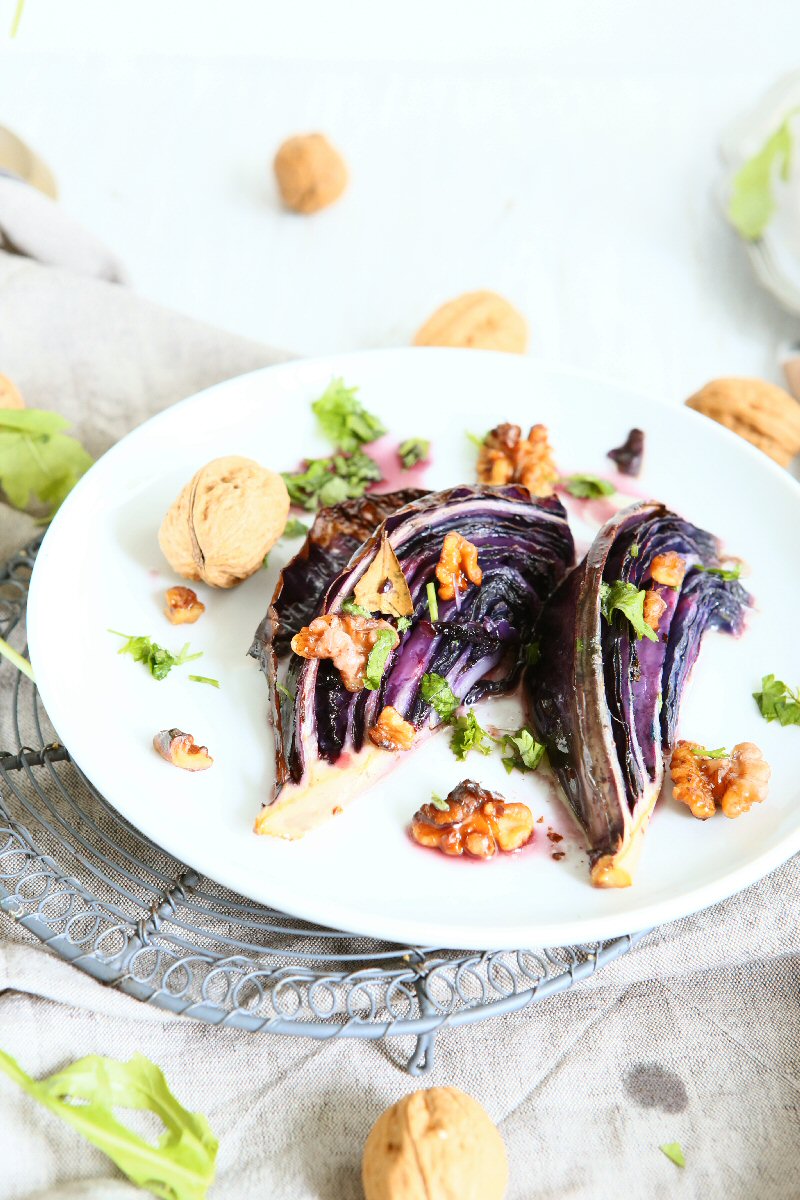 Roasted Red Cabbage Wedges with Walnuts and Bay Leaves