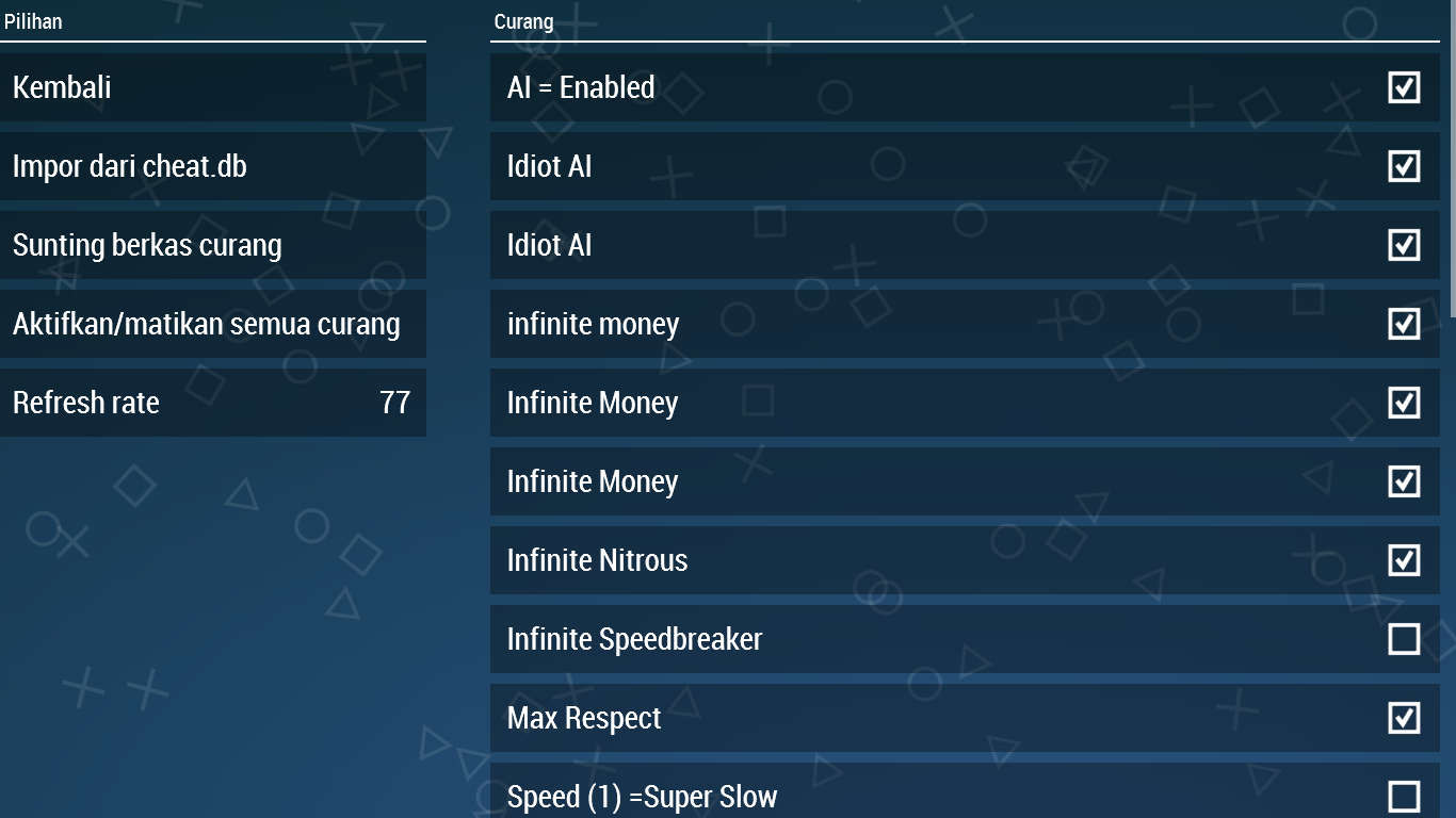 Nih screenshoot cheat yang tadi diimpor dangame yang sudah dicheat.