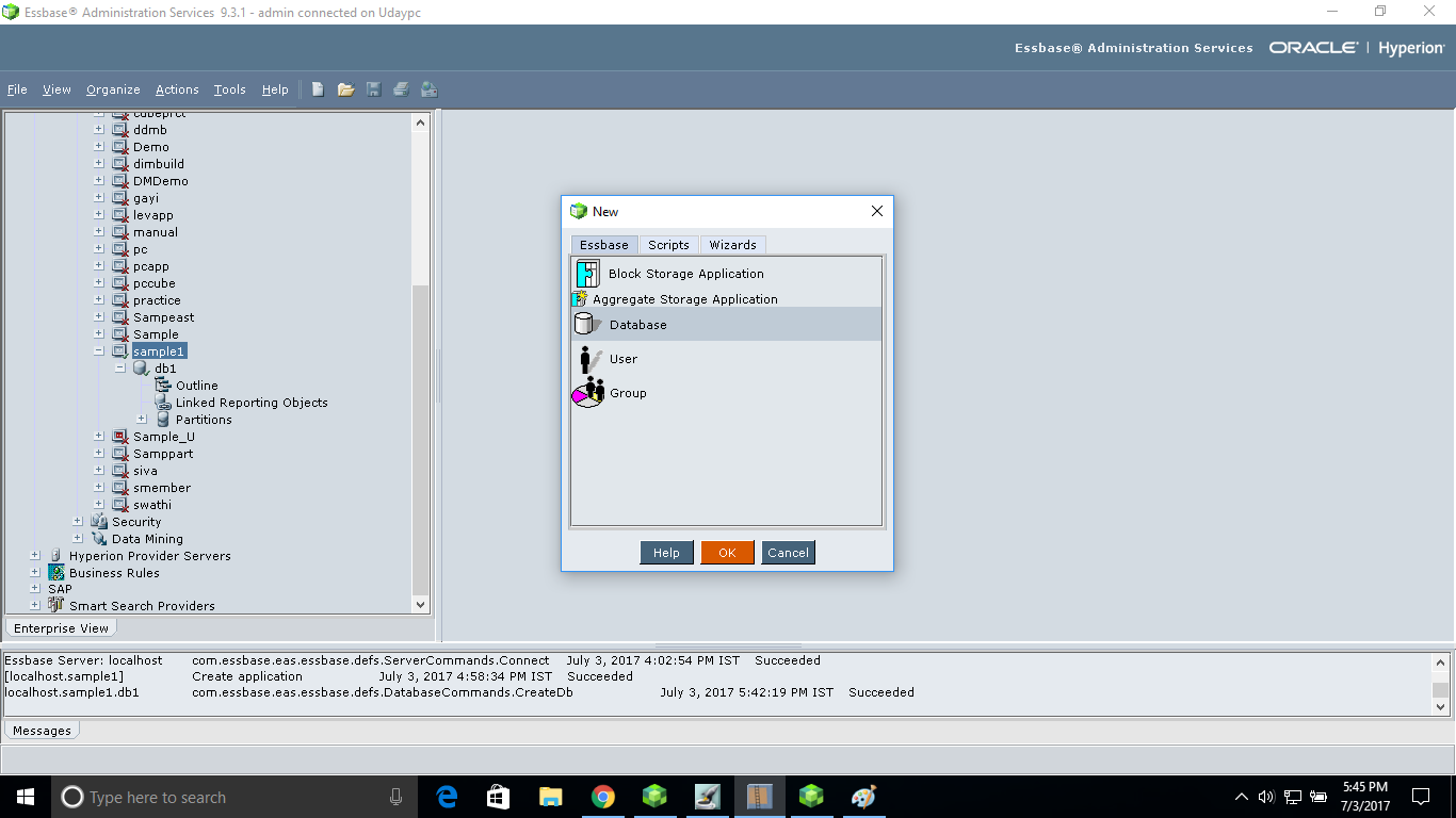 creating a database under essbase application