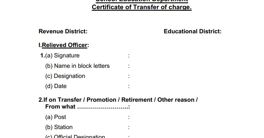 Headmaster / HM - Promotion & Transfer Charge Taken Over Form ...