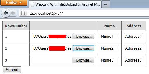 Fileupload Control Inside Webgrid To Upload File In Mvc Using Cnet Aspnetmvcc