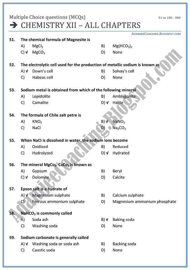 ENTRY TEST MCQ'S AND NOTES FOR XI AND XII: Chemistry MCQ's