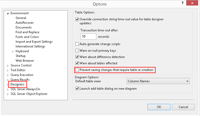 Allow changes to SQL Server table schema if the changes require table ...