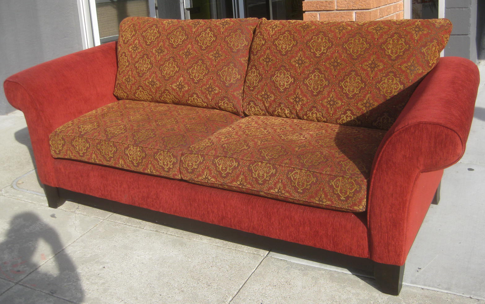 UHURU FURNITURE & COLLECTIBLES: SOLD - Patterned Red Sofa - $275