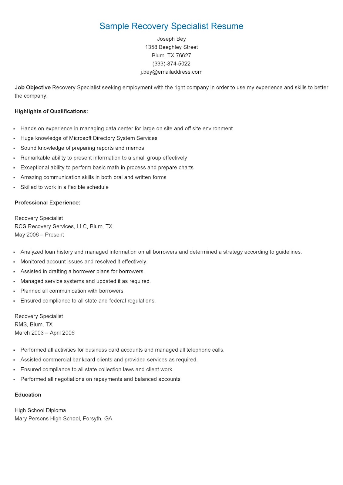 Resume Samples: Sample Recovery Specialist Resume
