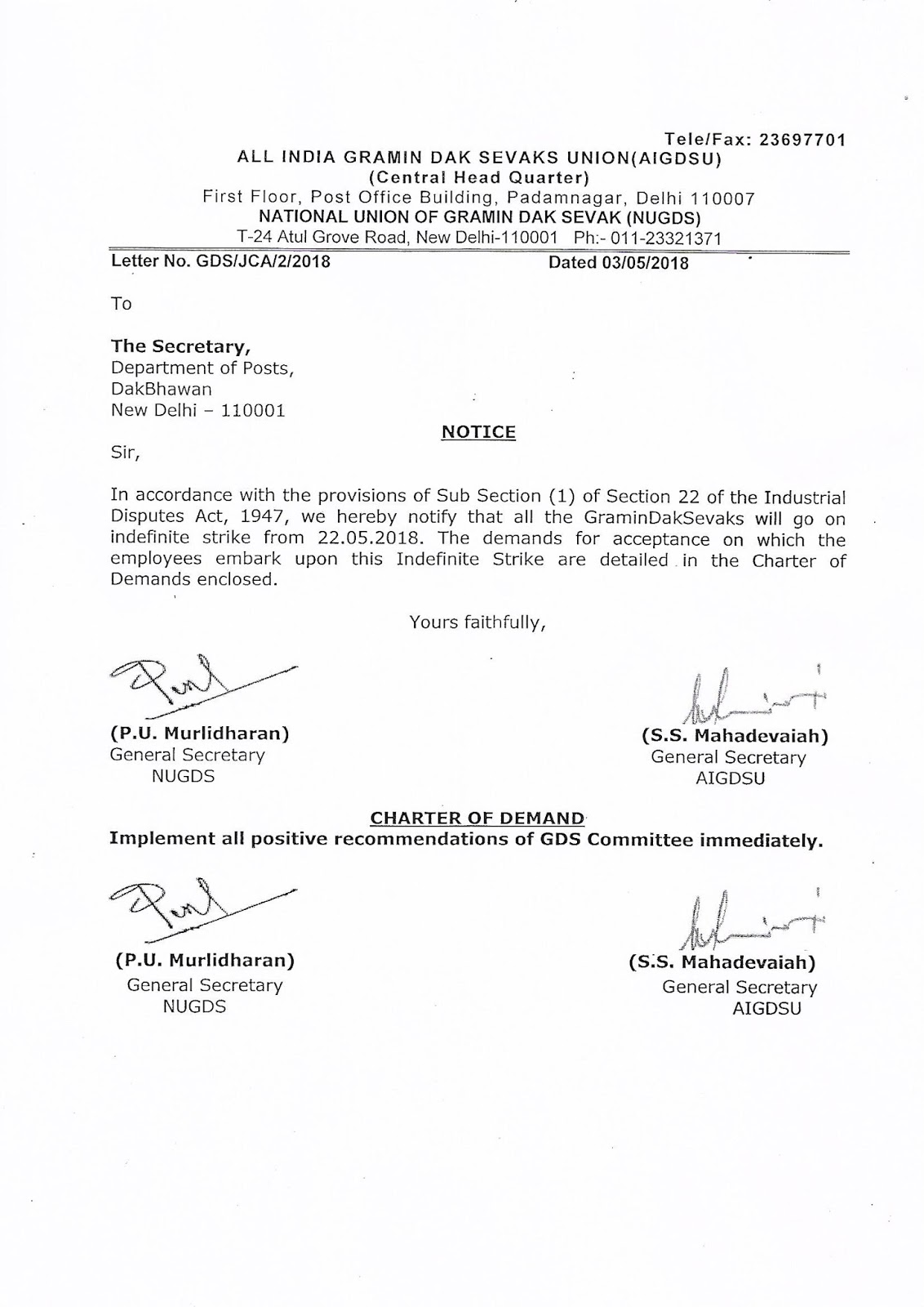 INDEFINITE STRIKE NOTICE ~ India Posts' Retired Officers' Association