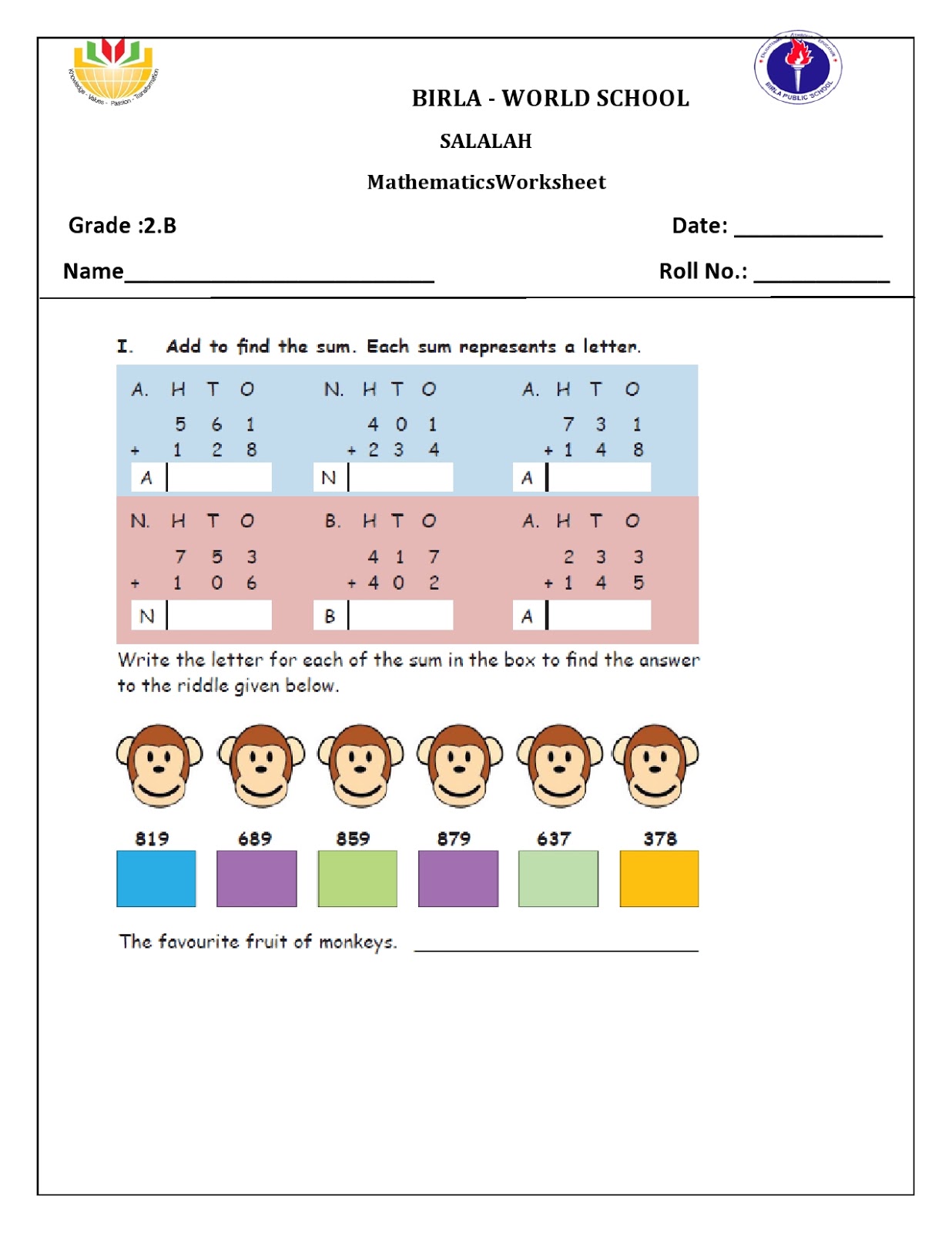 Birla World School Oman: Holiday homework for 2 B
