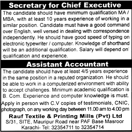 Secretary for Chief Executive & Assistant Accountant Required for Rauf ...