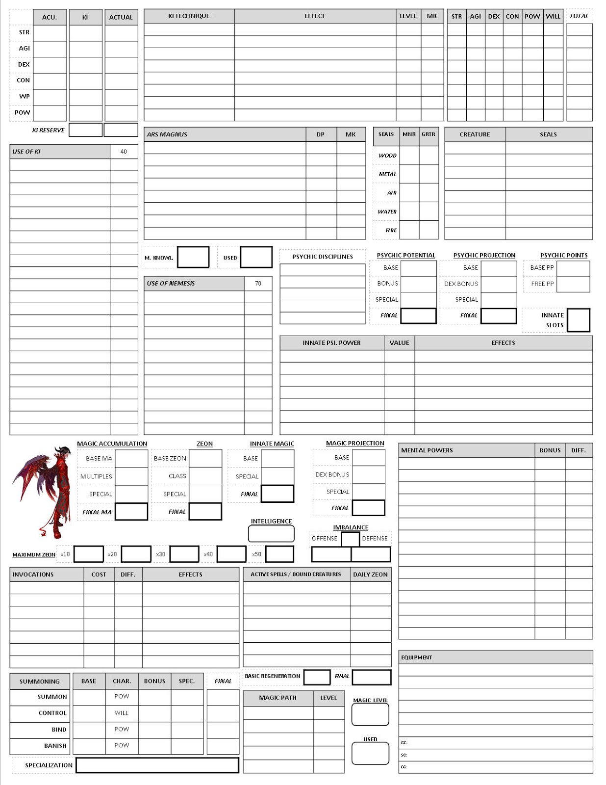 Graphite Prime: Anima: Beyond Fantasy Character Sheets