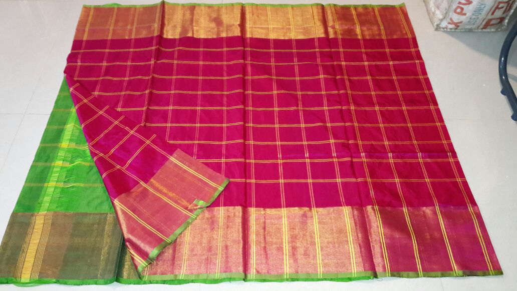Indian Traditional Handloom Sarees: Uppada Big Zari border Checks Silk ...