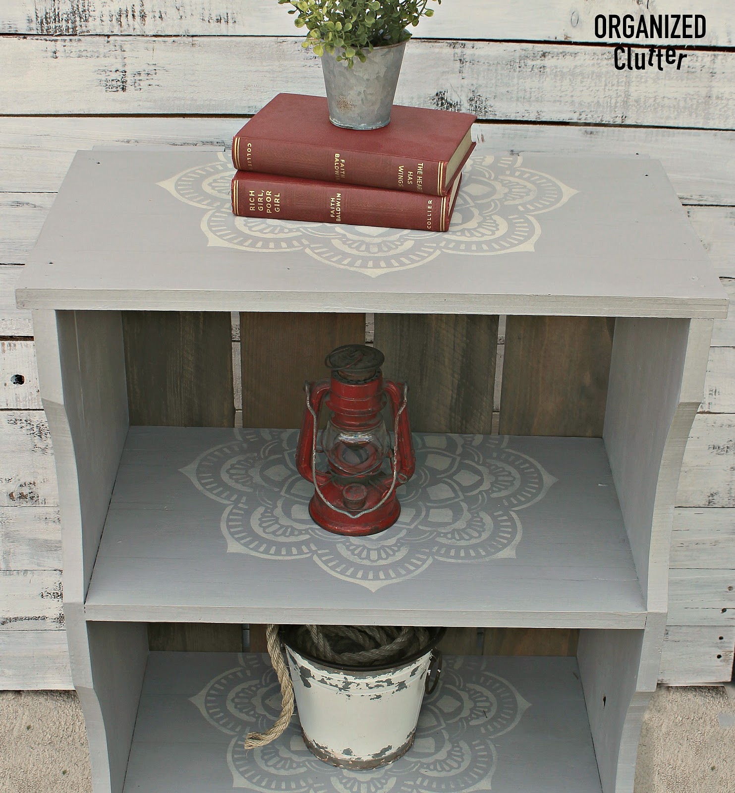 Up-cycled Open Book Shelf with Stencils & Fence Boards - Organized Clutter