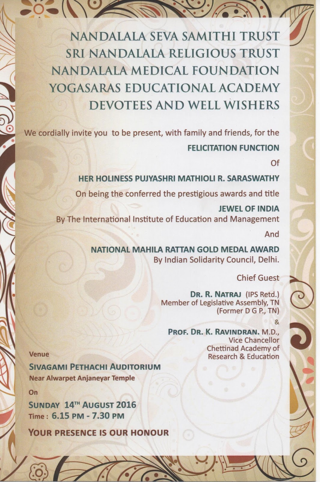 Nandalala Chennai: Felicitation function to Honour SRI AMMA