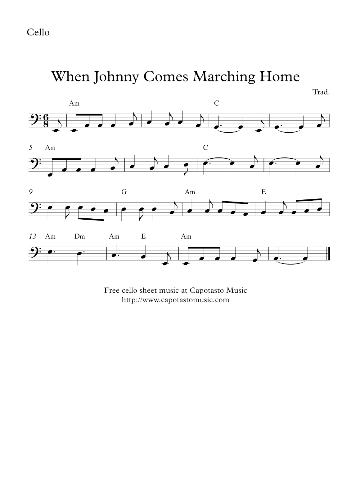 Free easy cello sheet music - When Johnny Comes Marching Home