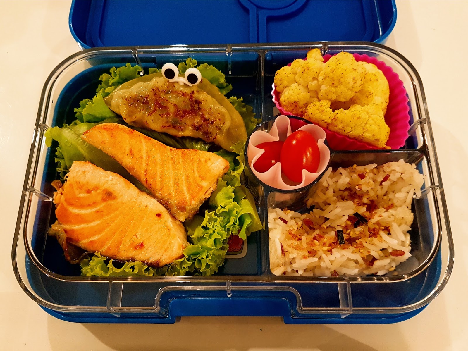 Bento #178 - Buttered pan fried salmon, gyozas and curry flavor roasted ...