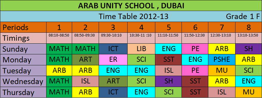 Arab Unity School | Grade 1: Time Table