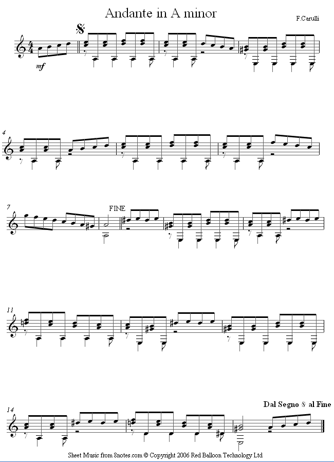 Partitur Gitar Klasik: Andante in A Minor By. F. Carulli