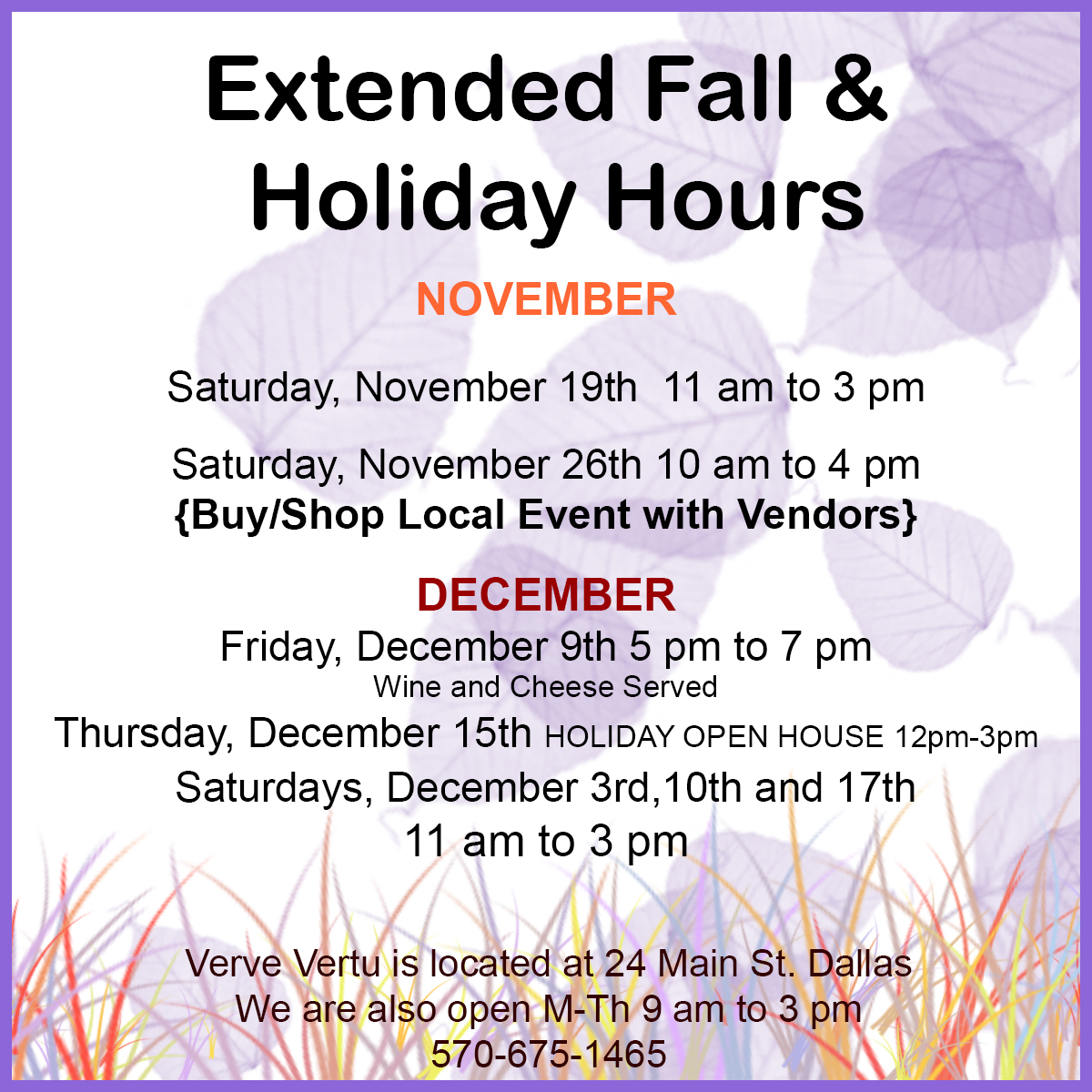 VERVE VERTU: 2016 Holiday Hours