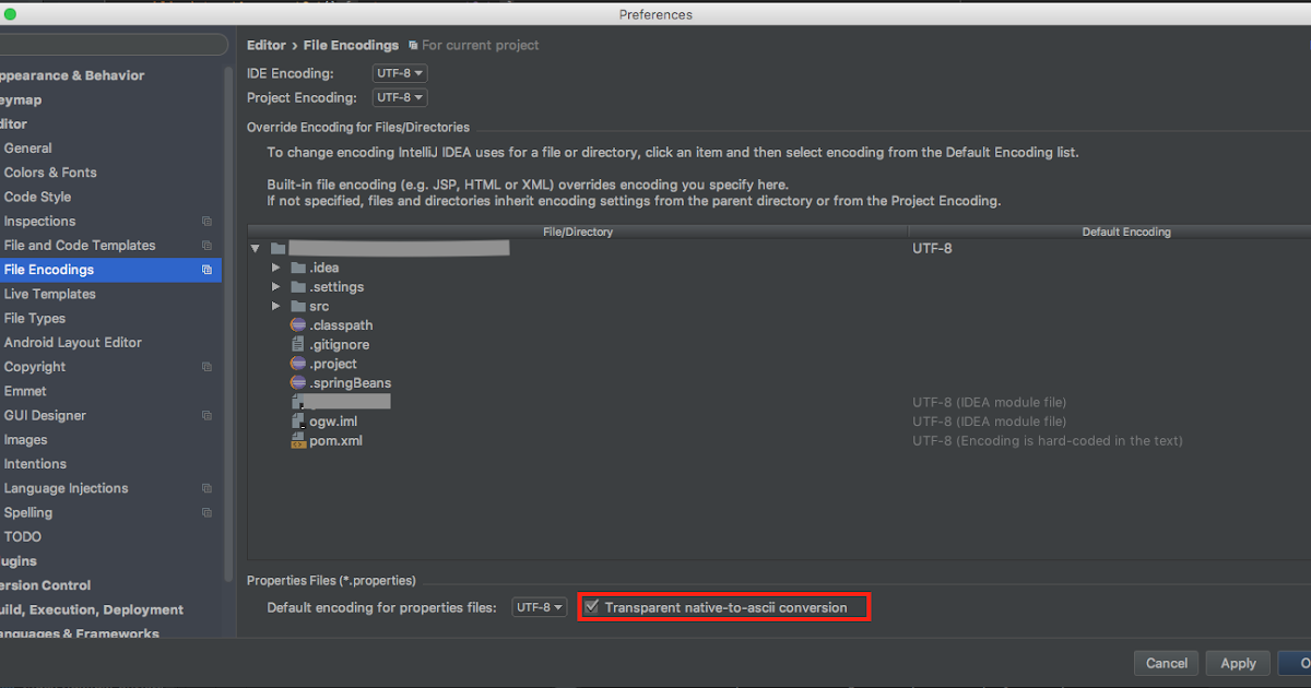 쥬케의 개발다이어리: IntelliJ 한글 인코딩 깨짐 해결 (properties file, utf-8 encoding): "Transparent natvie-to ...