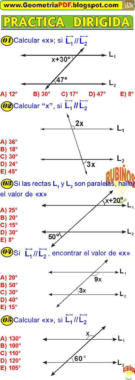 ÁNGULOS ENTRE PARALELAS EJERCICIOS Y PROBLEMAS RESUELTOS PDF