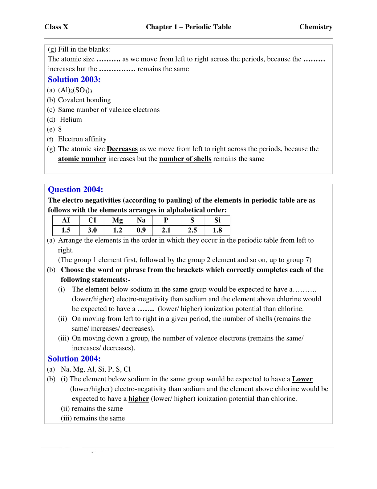 Concise chemistry class 10 ICSE Chapter 1 periodic table solutions ...